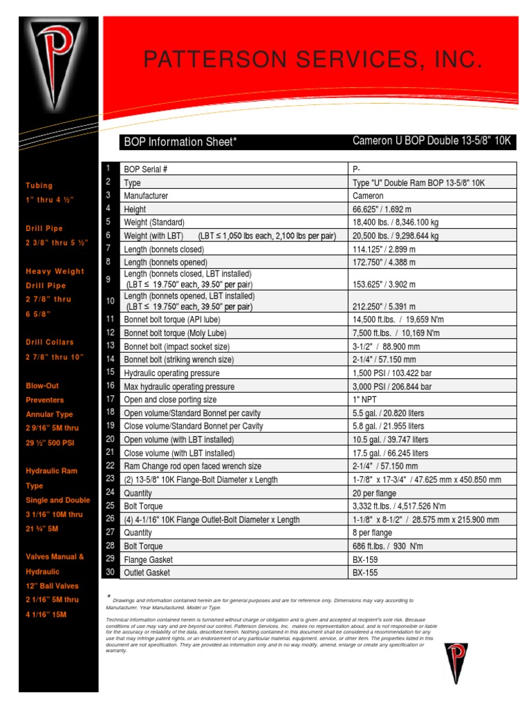 Cameron 13-5/8" 10K BOP Specs | PDF | Hydraulics | Plumbing