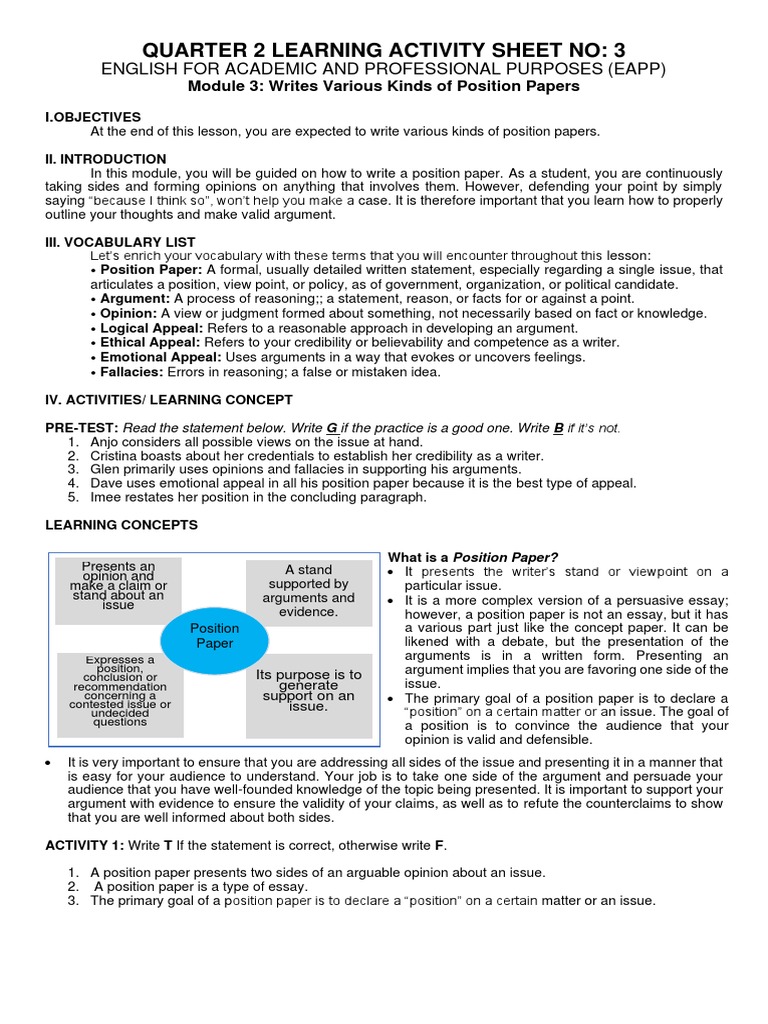 Quarter 2 Learning Activity Sheet No: 3: English For Academic and Professional Purposes (Eapp ...