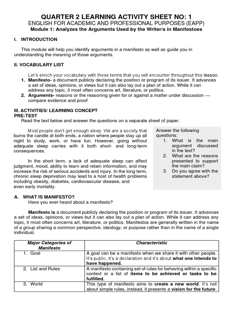Quarter 2 Learning Activity Sheet No: 1: English For Academic and Professional Purposes (Eapp ...