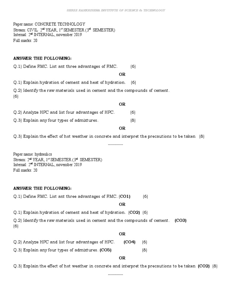 2ND Internal Concrete Technology Question Paper | PDF