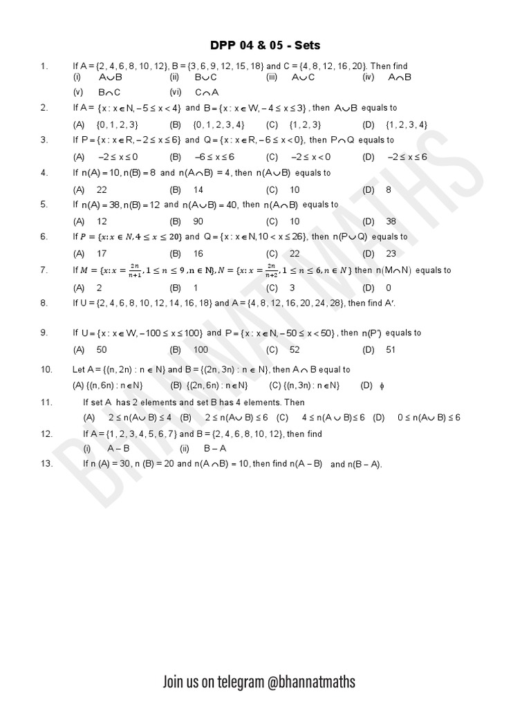 DPP 04 & 05 - Sets - Bhannat Maths - Aman Sir Maths PDF | PDF