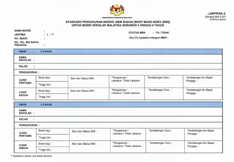 Borang Bmi Prasekolah | PDF