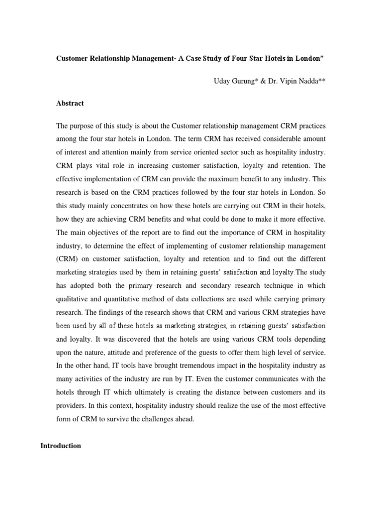 Customer Relationship Management "A Case Study of Four Star Hotels in ...