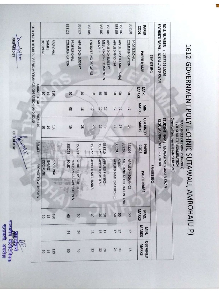 Diploma All Yr Marksheet | PDF