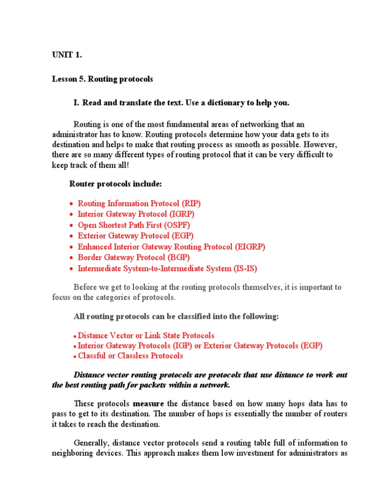 Unit 1. Lesson 5. Static Vs Dynamic Routing, Protocols | PDF | Routing ...