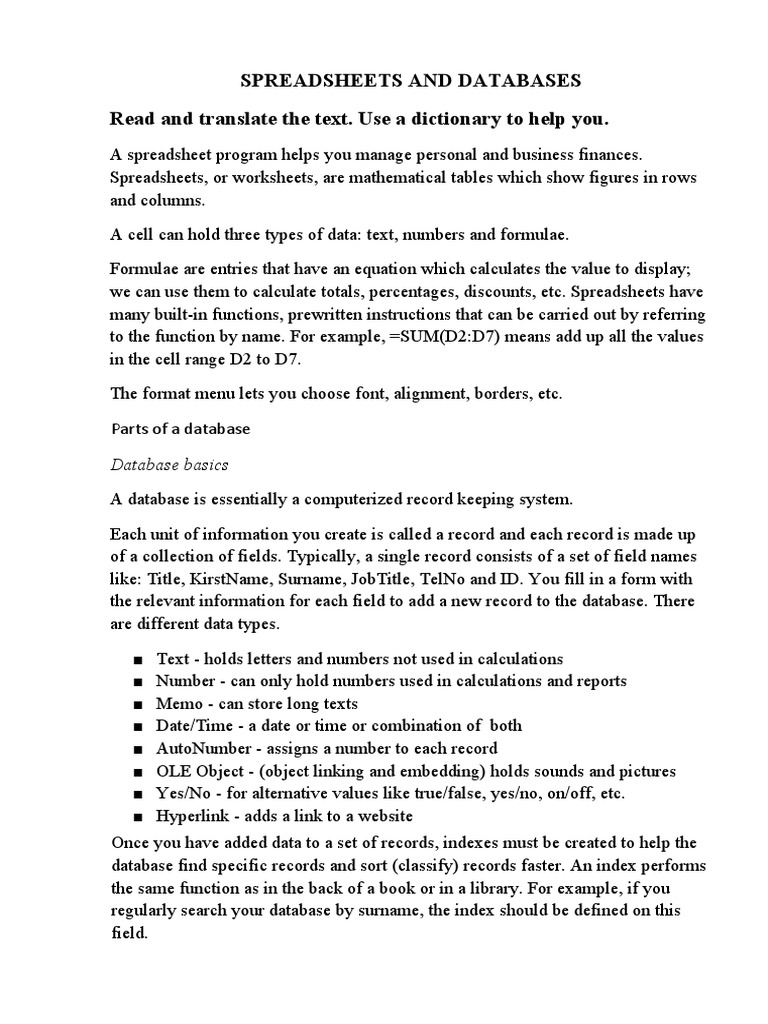 7 - Spreadsheets and Databases | PDF | Spreadsheet | Databases