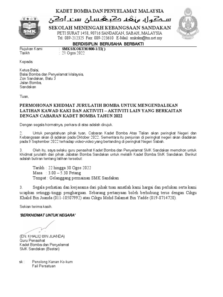 CONTOH Surat Mohon Jurulatih Bomba 2022 | PDF
