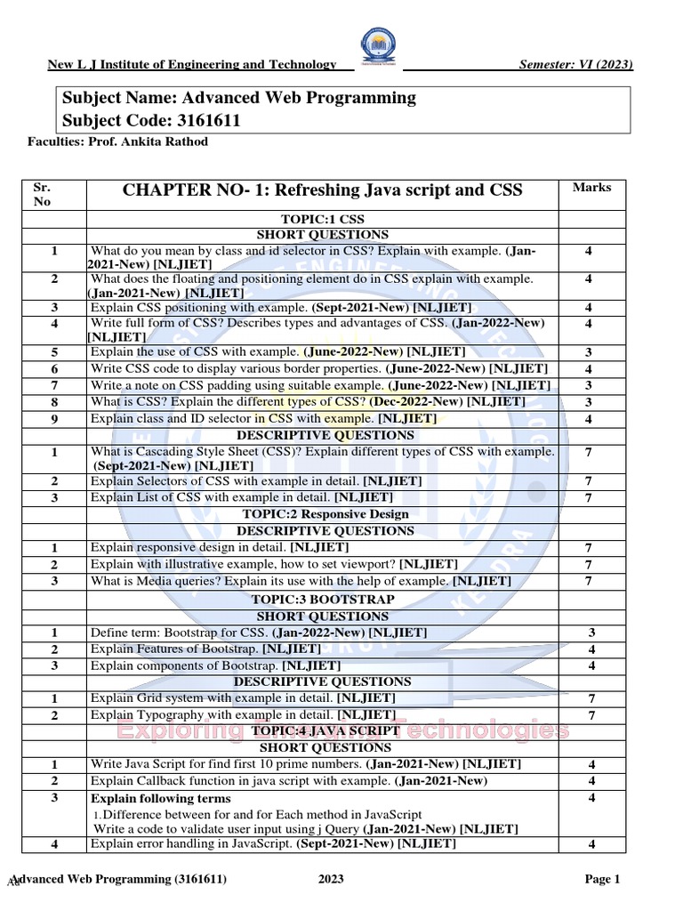 6 - QB - Advanced Web Programming - SEM-6 - IT - 2023-Even PDF | PDF | Angular Js | Java Script