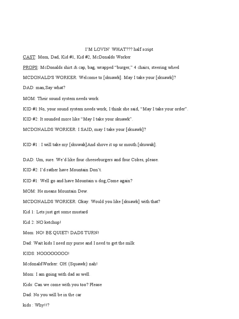 Silly McDonald's Family Skit Script | PDF | Cooking, Food & Wine | Home ...
