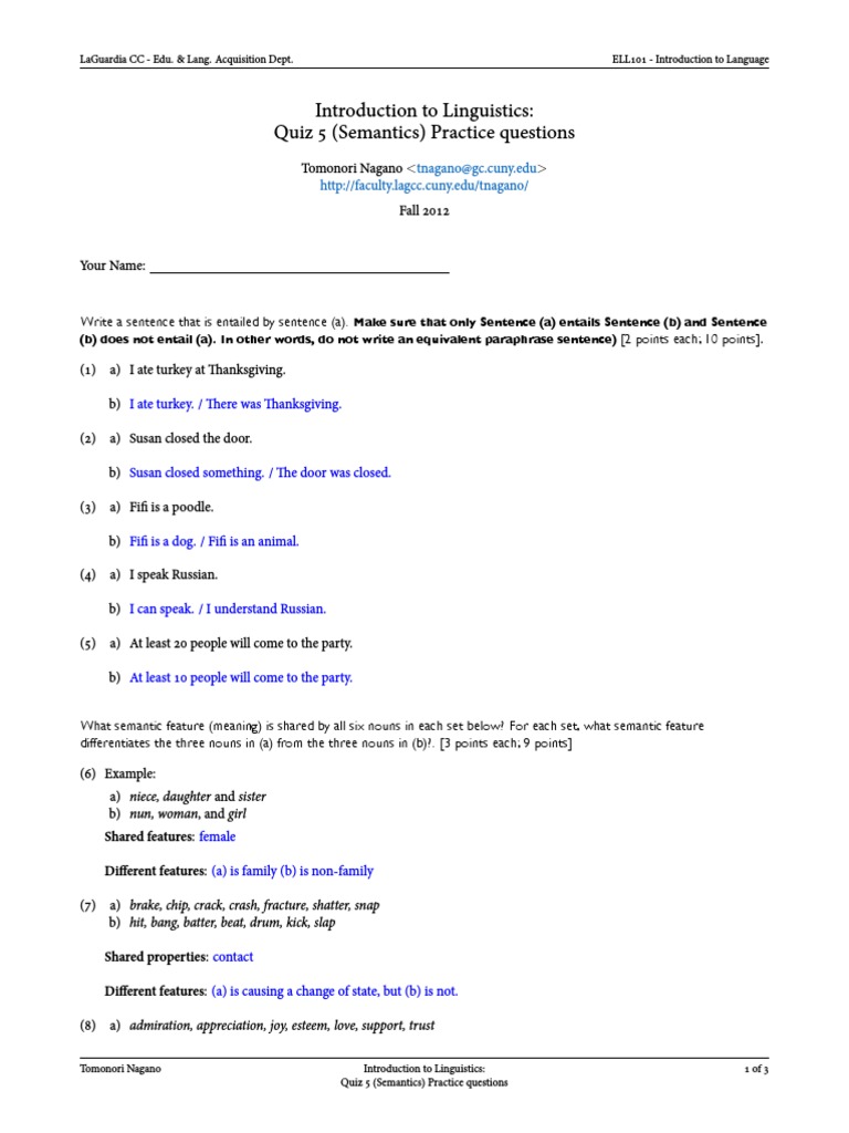 Semantics Practice Quiz | PDF | Human Communication | Language Mechanics