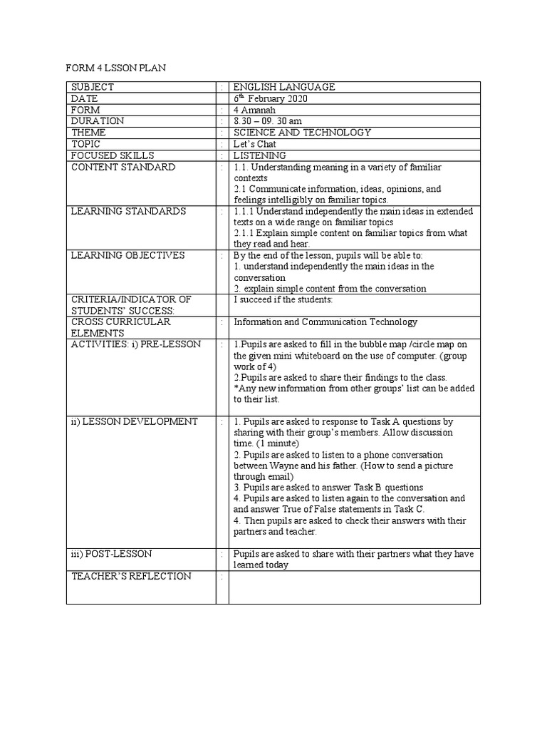 FORM 4 LSSON PLAN Cefr | PDF