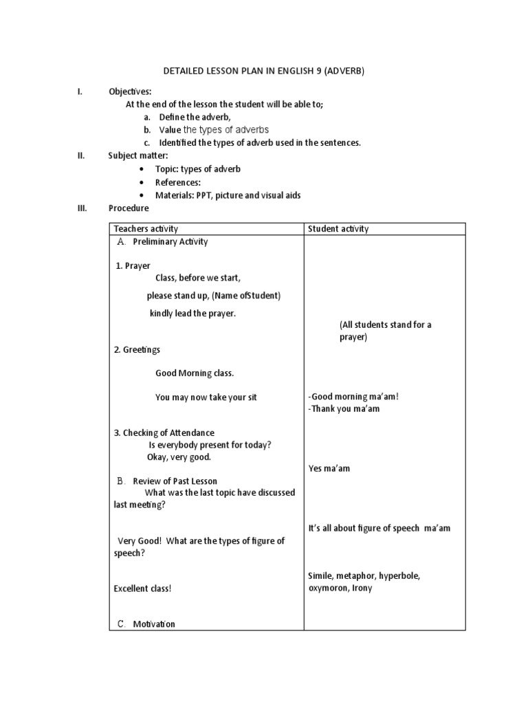 lESSON PLAN in ENGLISH 9 1 | PDF | Adverb | Verb