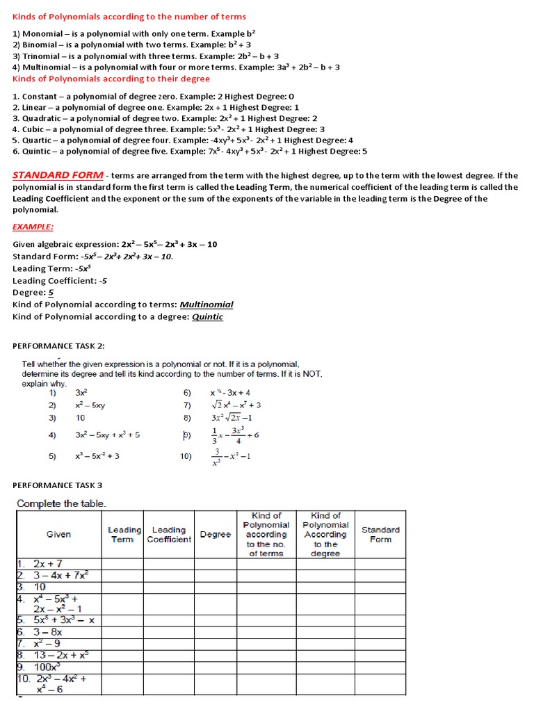 Kinds of Polynomials According To The Number of Terms | PDF | Polynomial | Abstract Algebra