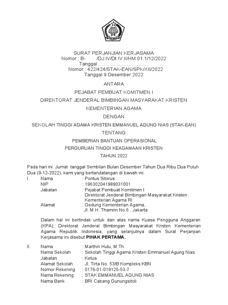 Format SPK Operasional Stak-Ean 2022 | PDF