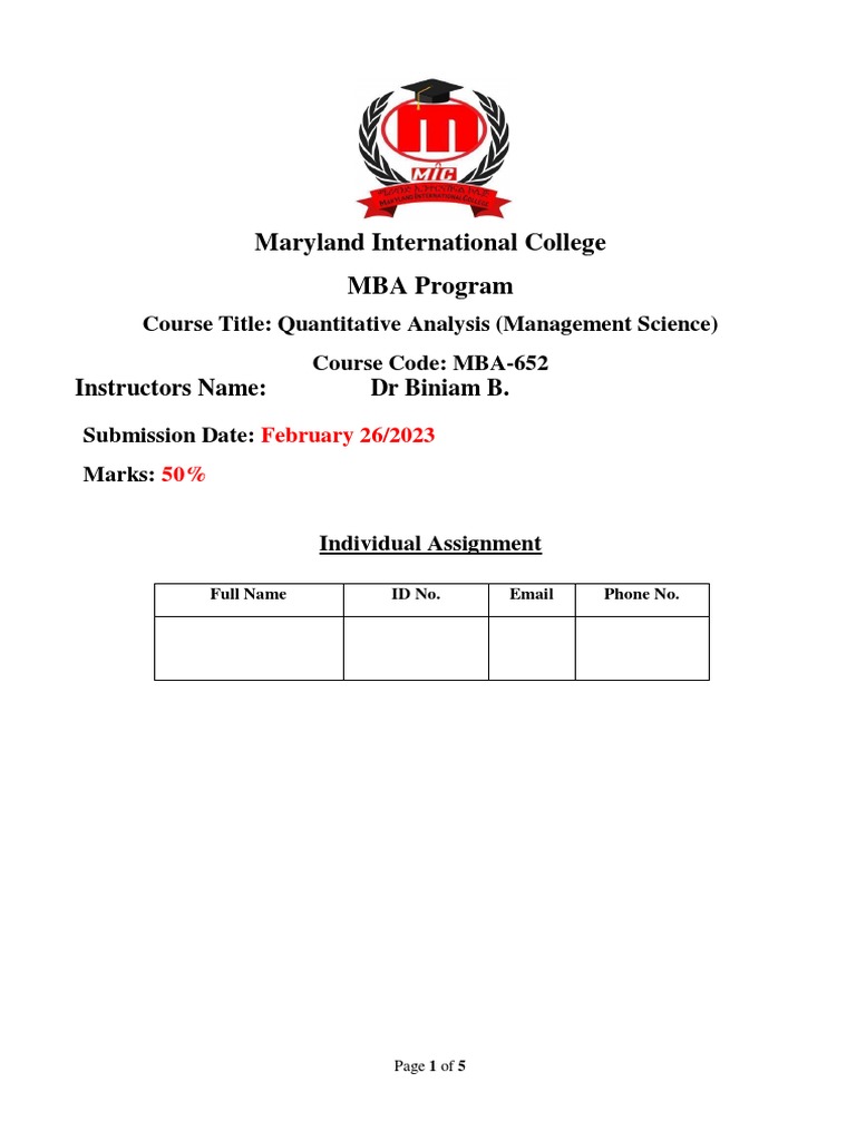 DR Biniam B Quantitative Analysis Assignment | PDF | Mathematical Optimization | Human Resource ...
