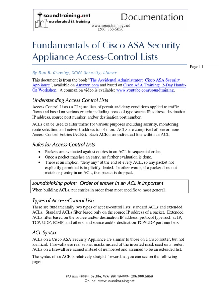 Fundamentals of Cisco ASA Security Appliance Access-Control Lists | PDF ...