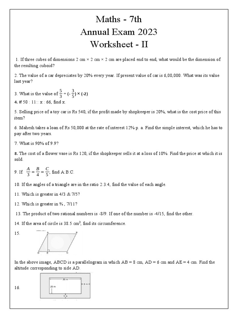 STD - 7 Maths Annual Exam 2023 Worksheet Ii | PDF
