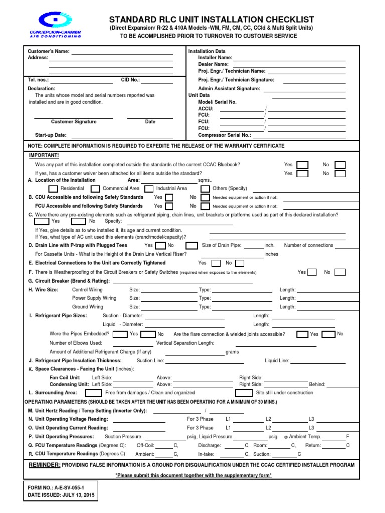 CCAC Installation Checklist Page 2 | PDF | Electrical Wiring | Pipe ...