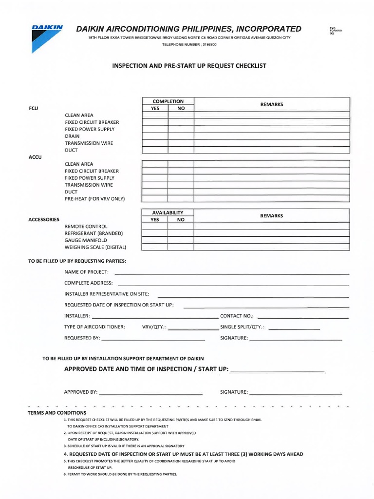 Forms - Inspection and Pre-Start-up Request Checklist | PDF