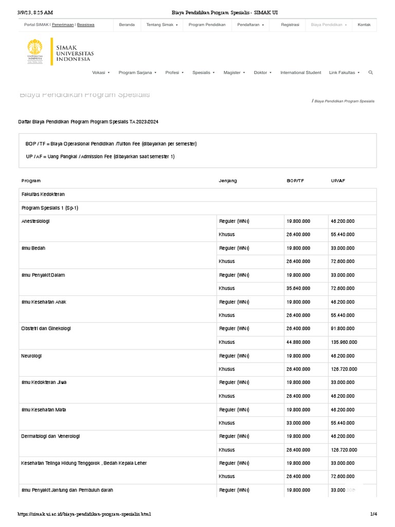Biaya Pendidikan Program Spesialis - SIMAK UI | PDF