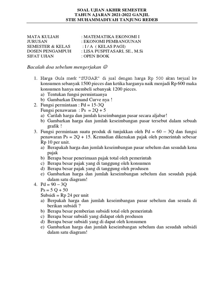 Soal Uas MTK Ekonomi PDF | PDF