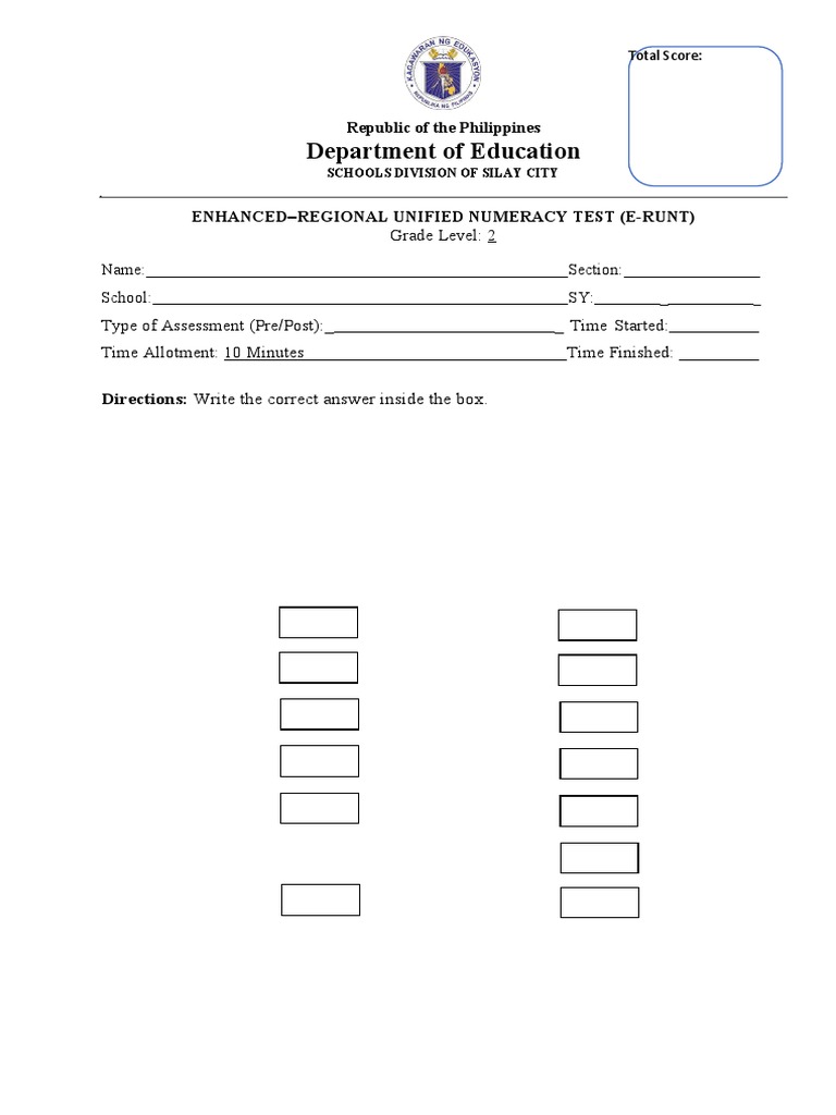 E-RUNT Grade 2 Math Test Score | PDF