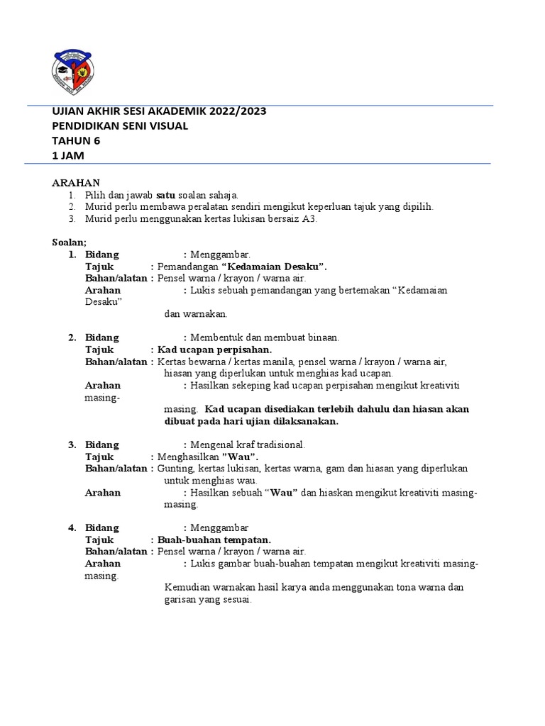 Ujian Seni Visual Tahun 6 | PDF | Karier & Perkembangan | Griya & Taman
