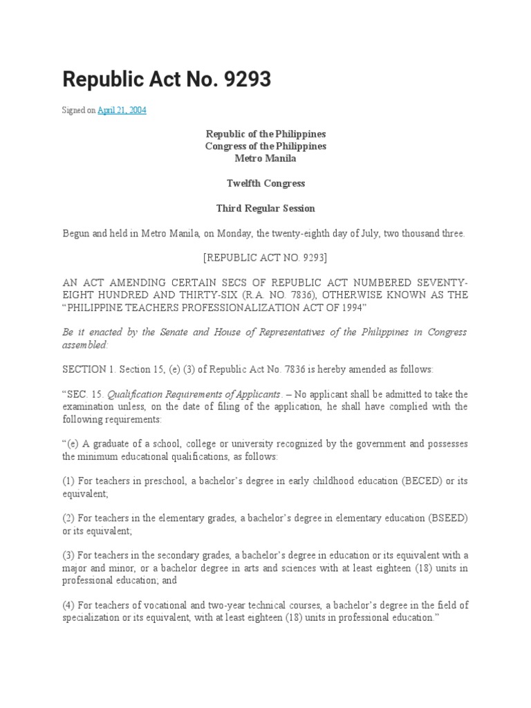 Republic Act No. 9293 | PDF | Licensure | Teachers