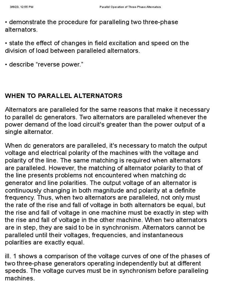 Parallel Operation of Three-Phase Alternators | PDF | Electric Generator | Electric Motor