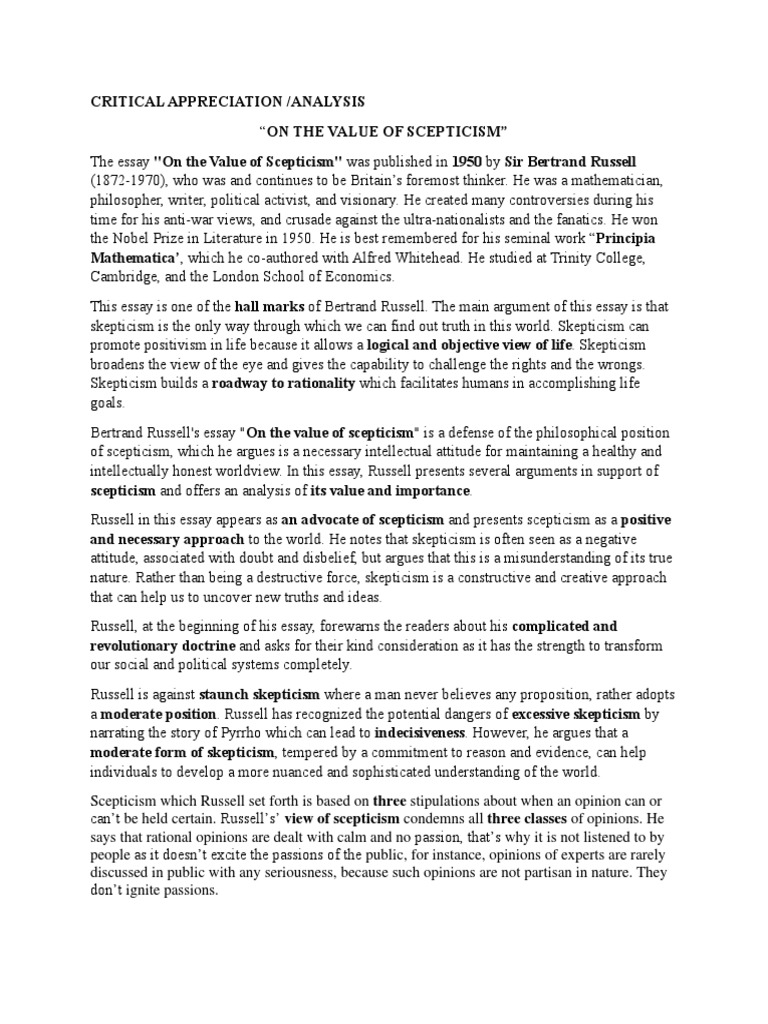 On The Value of Scepticism Literary Analysis | PDF | Skepticism | Bertrand Russell