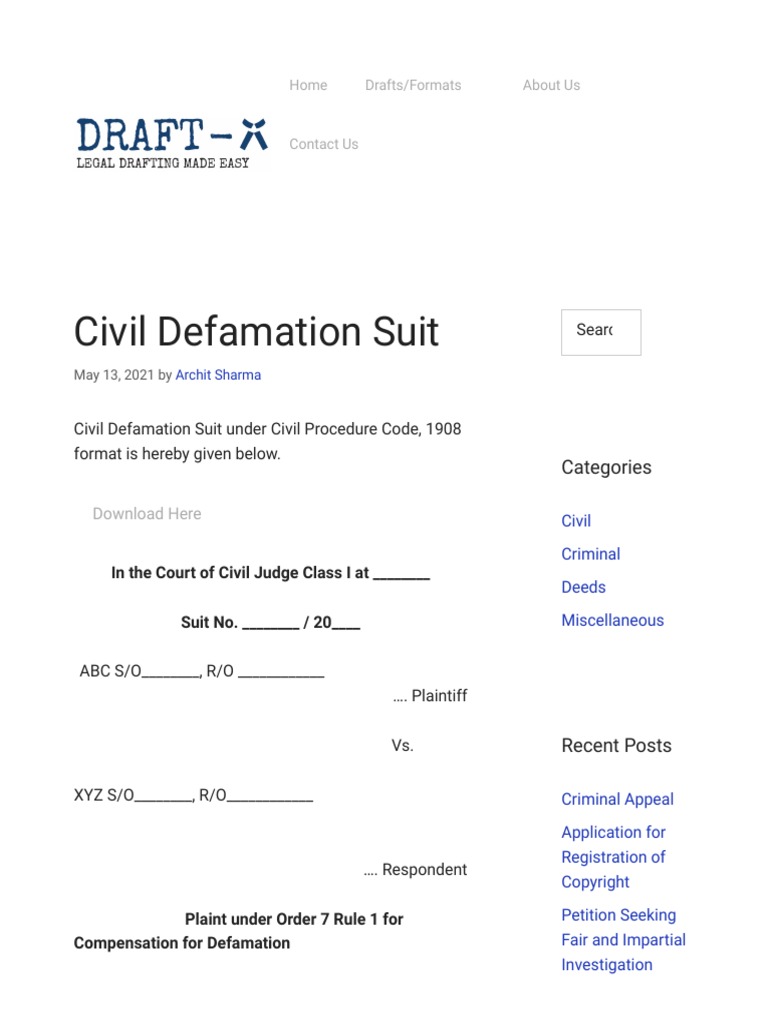 Format of Civil Defamation Suit - Draft-X PDF | PDF | Lawsuit | Defamation