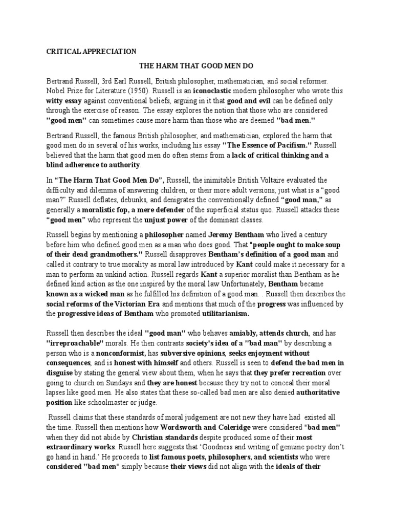 CRITICAL APPRECIATION of Harm That Good Men Do | PDF | Bertrand Russell ...