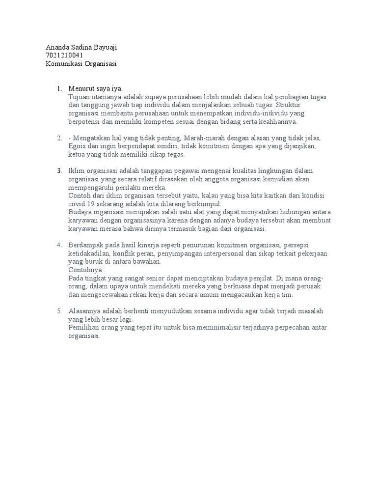UTS Komunikasi Organisasi - Ananda Sadina Salinan Salinan Salinan | PDF