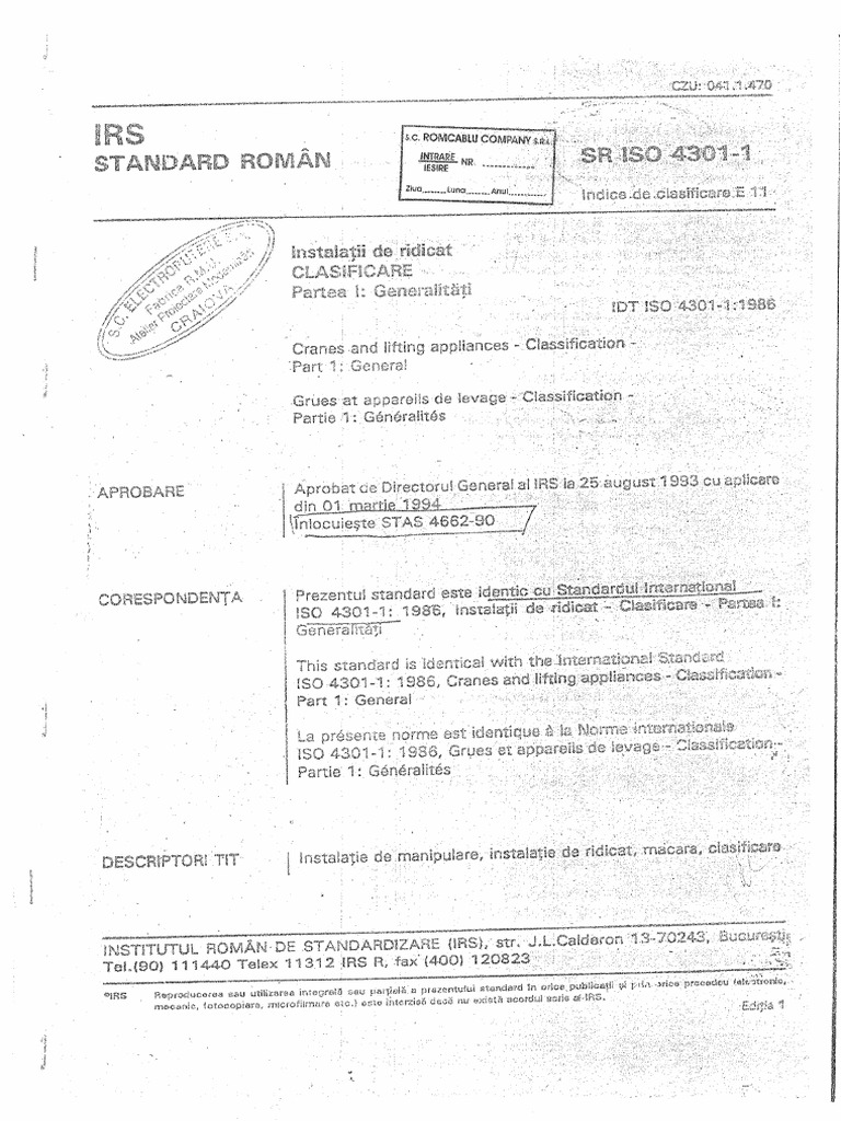 SR ISO 4301-1-Instalatii de Ridicat - Clasificare | PDF
