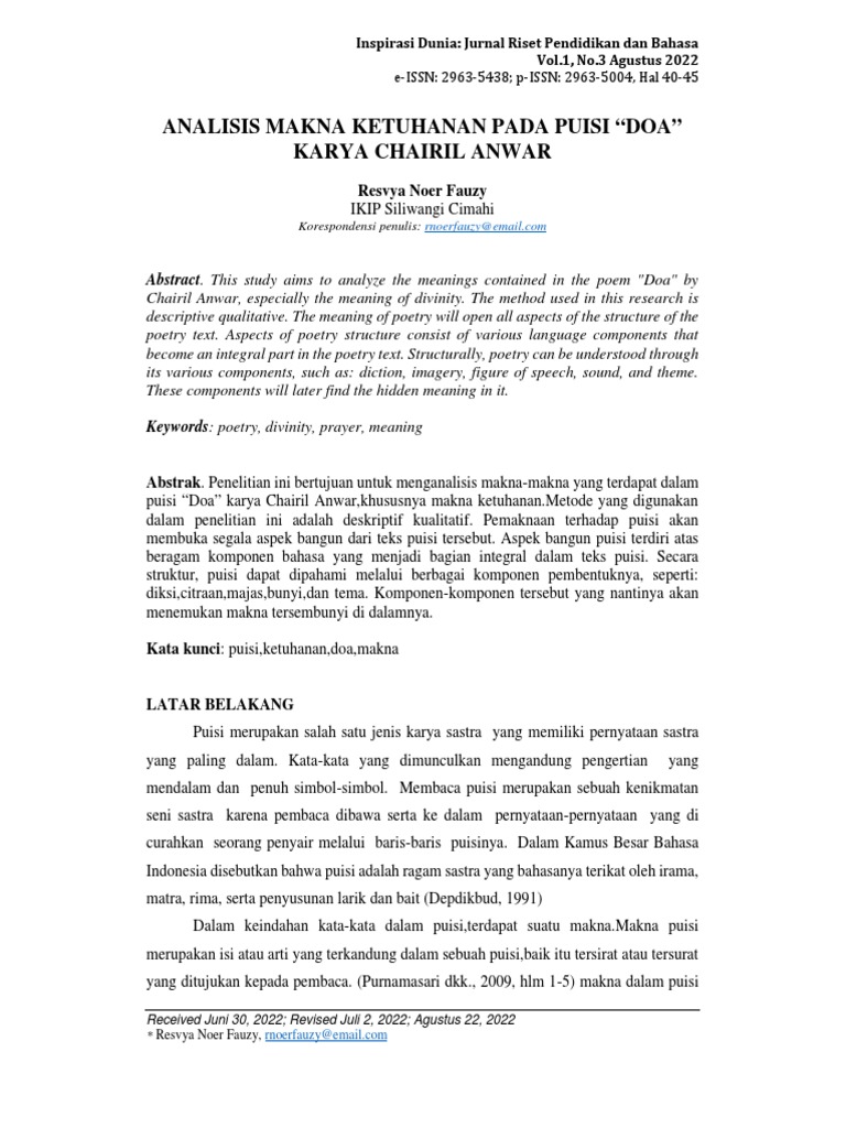 ANALISIS MAKNA KETUHANAN DALAM PUISI "DOA" KARYA CHAIRIL ANWAR | PDF
