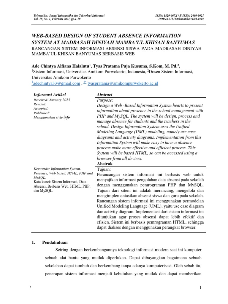 Rancangan Sistem Informasi Absensi Siswa Pada Madrasah Diniyah Mambaul Khisan Berbasis Web PDF ...