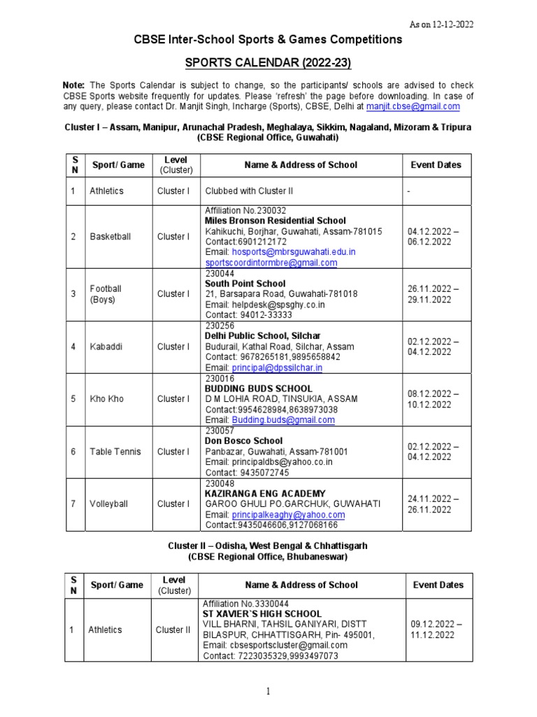 CBSE Sports Calendar (2022-23) 12.12.2022 PDF | PDF CBSE Sports Calendar (2022-23) 12.12.2022 PDF | PDF