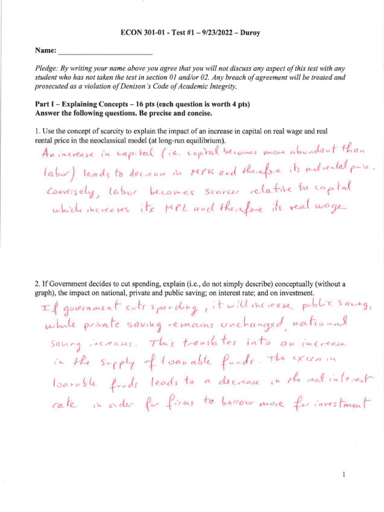 ECON 301 01 Test 1 Answer Key | PDF