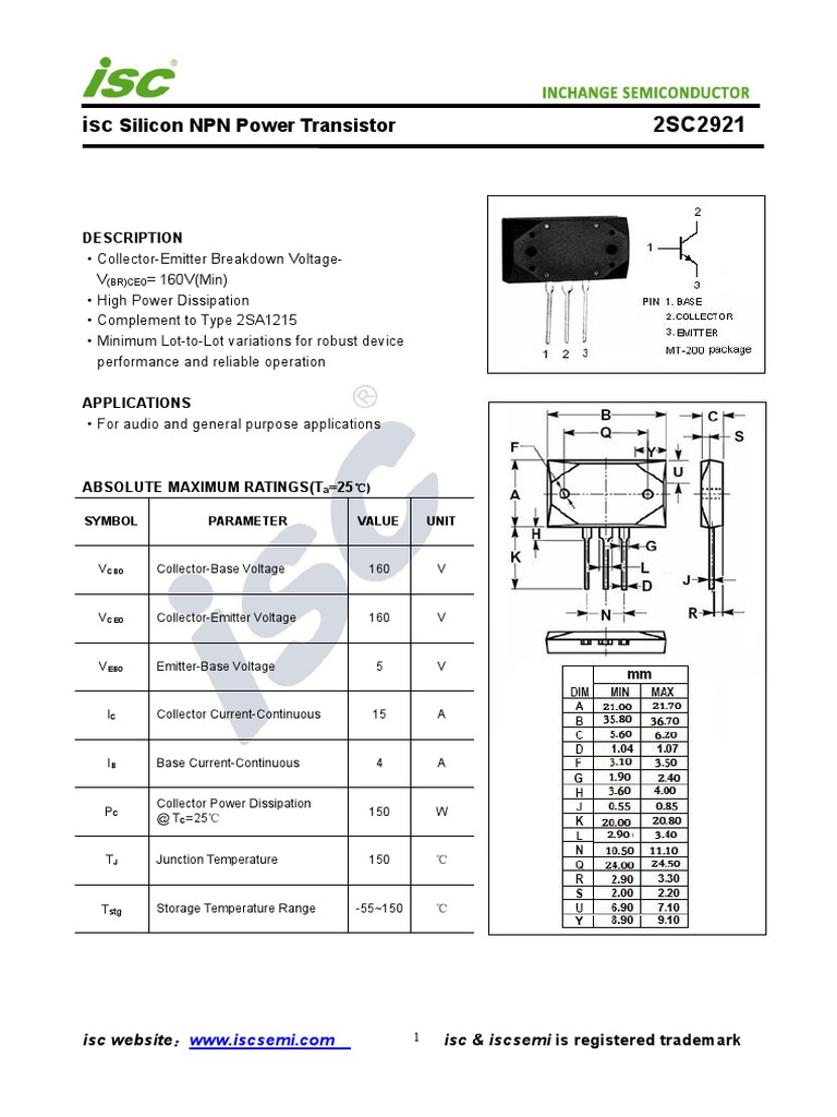 2SC2921 Inchange PDF | PDF | Bipolar Junction Transistor | Information ...