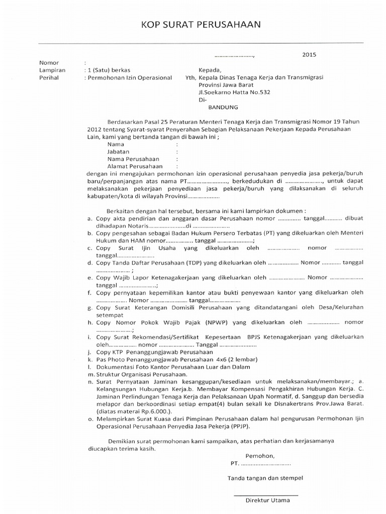 Contoh Surat Permohonan Izin Operasional | PDF