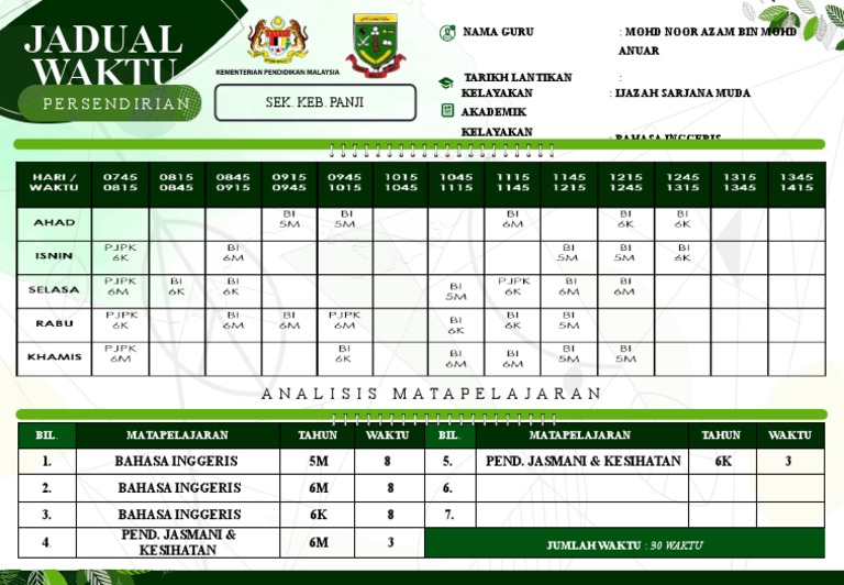 CONTOH TAPAK JADUAL WAKTU (Besar) (RPM2021) | PDF