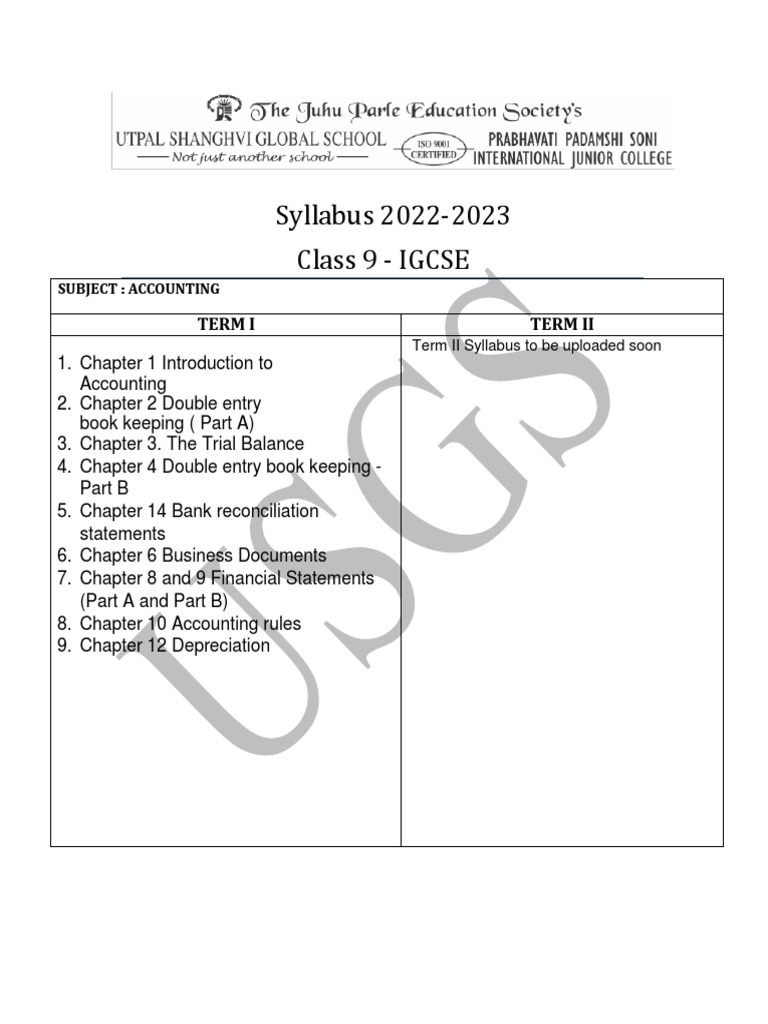 Syllabus For Class9 Accounting | PDF