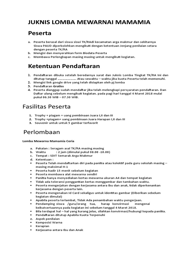 Juknis Lomba Mewarnai Mamamia | PDF | Karier & Perkembangan | Bisnis