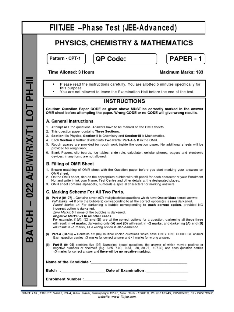 Fiitjee - Phase Test (JEE-Advanced) : Physics, Chemistry & Mathematics ...