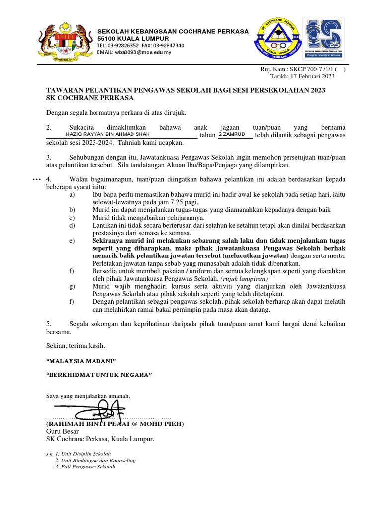 Ruj. Kami: SKCP 700-7 /1/1 Tarikh: 17 Februari 2023: Sekolah Kebangsaan Cochrane Perkasa 55100 ...