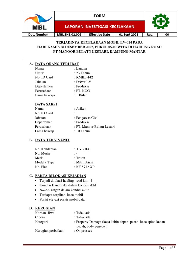 Laporan Penyelidikan Kecelakaan | PDF