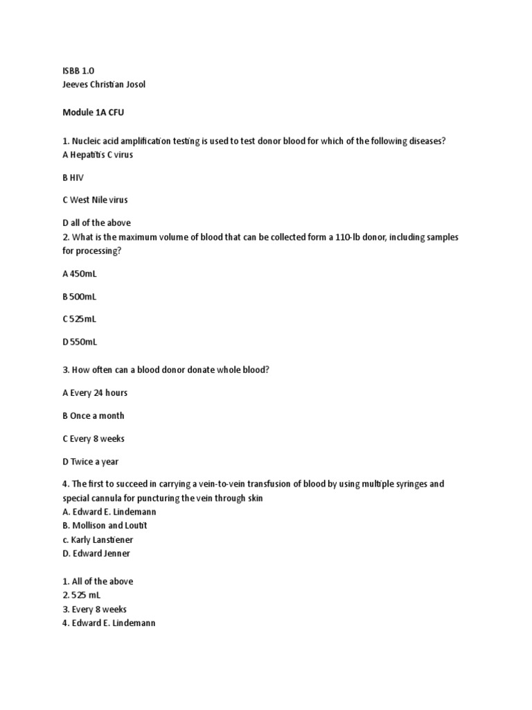 ISBB 1.0 - SAS 1,2,3 CFU Answers | PDF | Blood Donation | Gene