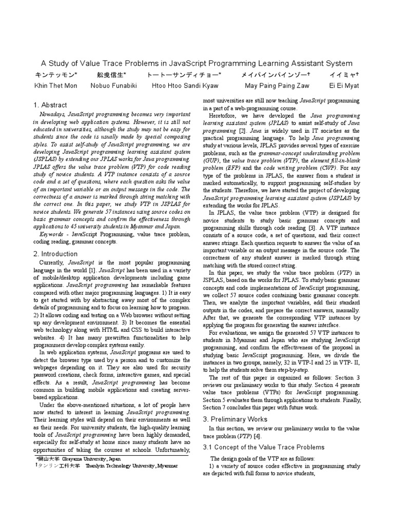 A Study of Value Trace Problems in JavaScript Programming Learning Assistant System | PDF | Java ...