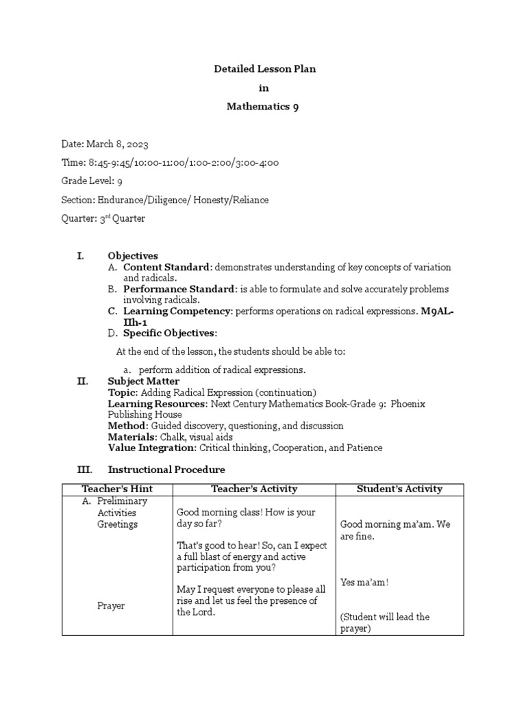DLP Adding Radical Expressions-9 - Continuation | PDF | Lesson Plan | Teachers