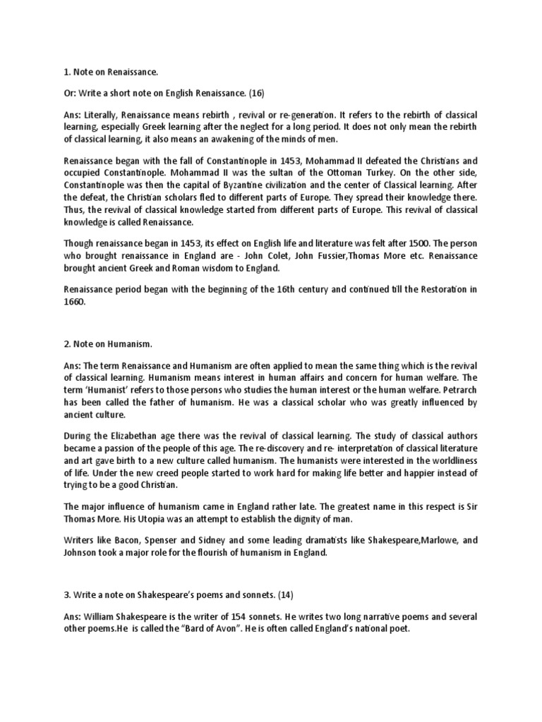 Renaissance Short Qs | PDF | Shakespeare's Sonnets | Poetry
